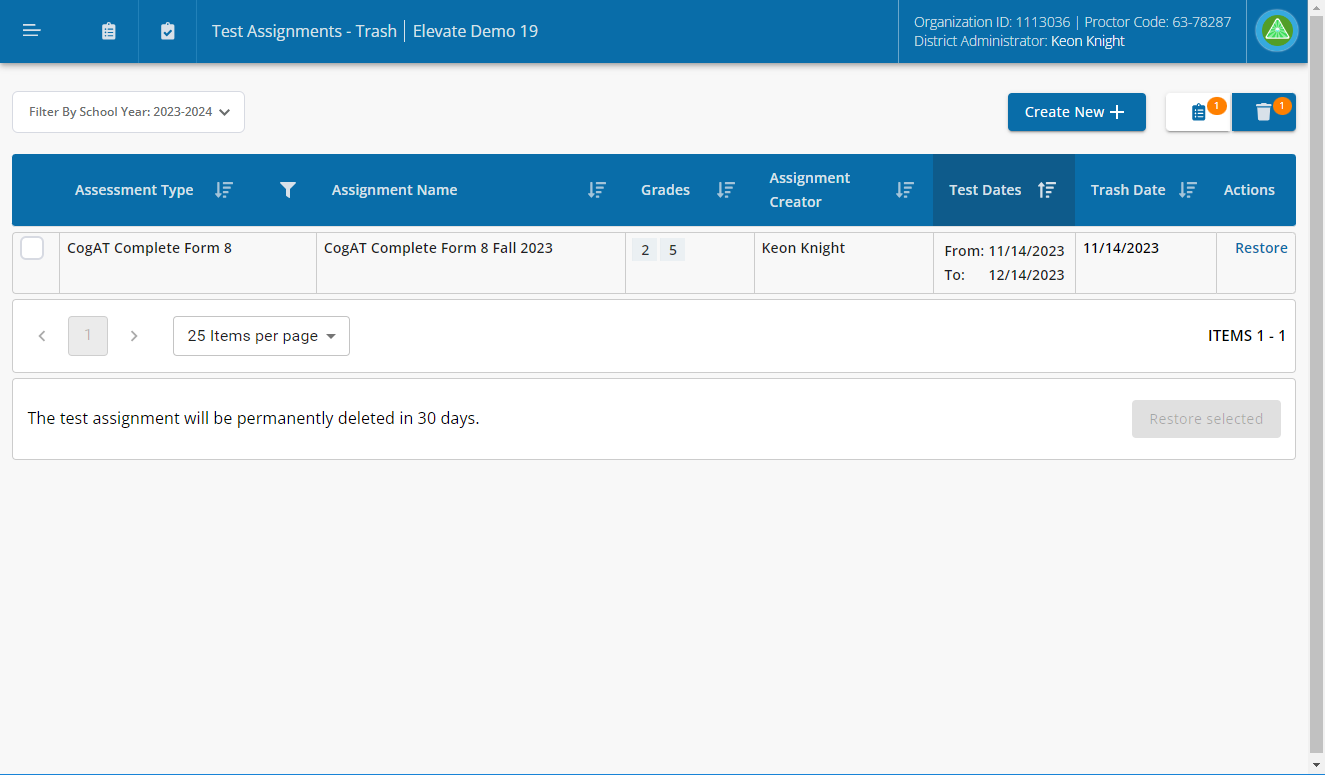Restore a Deleted Test Assignment