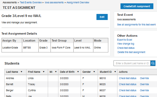 View a test assignment